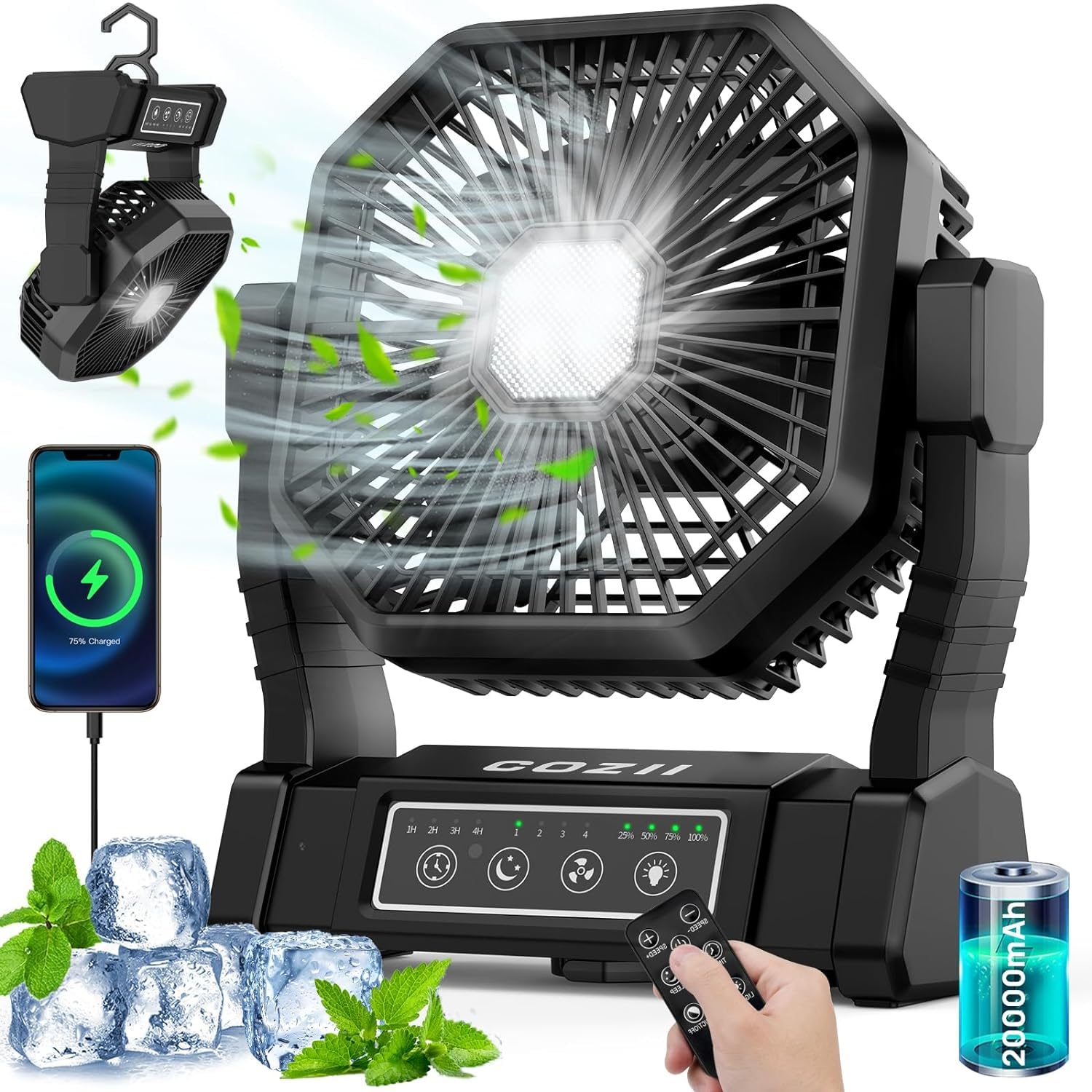 COZII 20000mAh Battery Operated Fan - Camping Fan Rechargeable with 3 Colors Light, 4 Speeds, 4 Timing, Adjustable Head, Portable Battery Powered Tent Fan with Hanging Hook for Picnic, BBQ