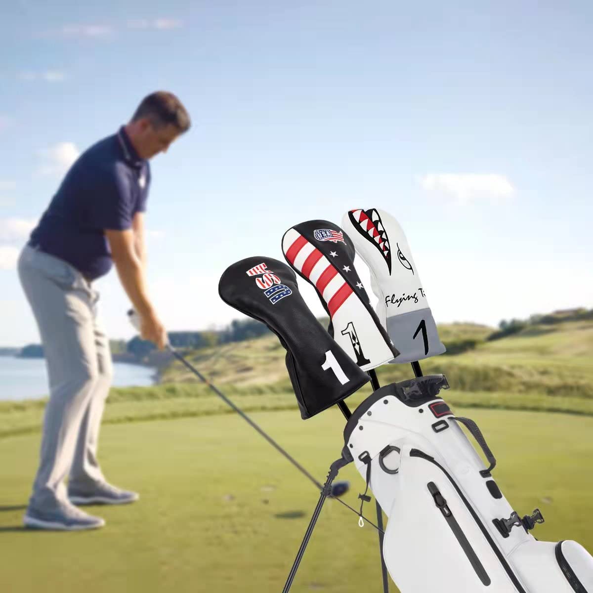 Buker Golf Driver Head Covers Golf Club Headcvoers for Driver USA Flag Typed Golf Driver Cover Premium Leather Golf Headcovers fits All Drivers, Black