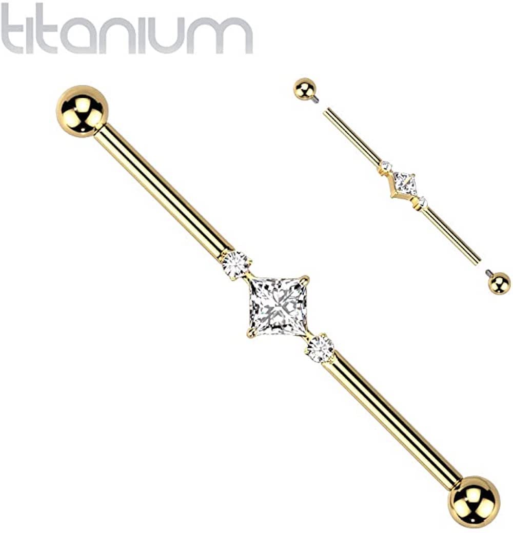 Covet Jewelry Titanium Internally Threaded Industrial Barbell With 2 Round CZ and Square Center (Gold/Clear)