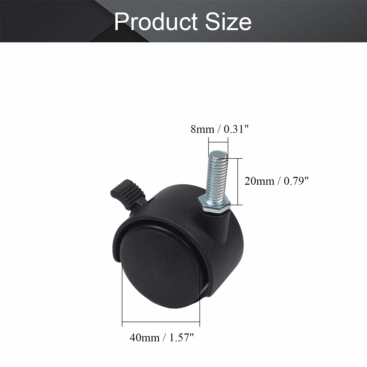 Caster Furniture,Rubbered Trolley Wheels , Castor Wheels,Furniture Casters,M8 Threaded Stem 40mm Dual Wheel Rotatable Caster Black