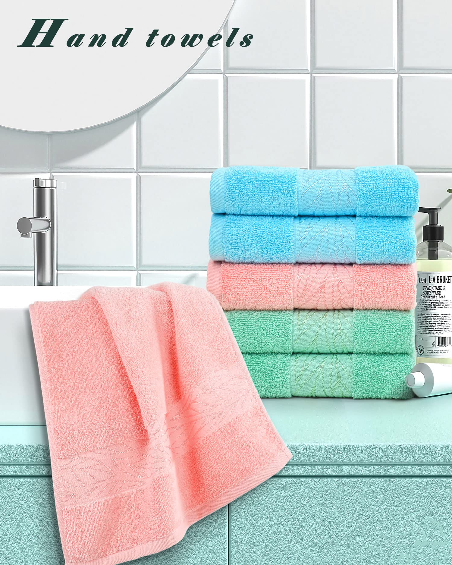 Cleanbear Soft Hand Towels - 100% Cotton Bath Hand Towel Set, Lightweight for Quick Dry (2 Pack, 13 x 29 Inches) (Pink, Blue and Green)