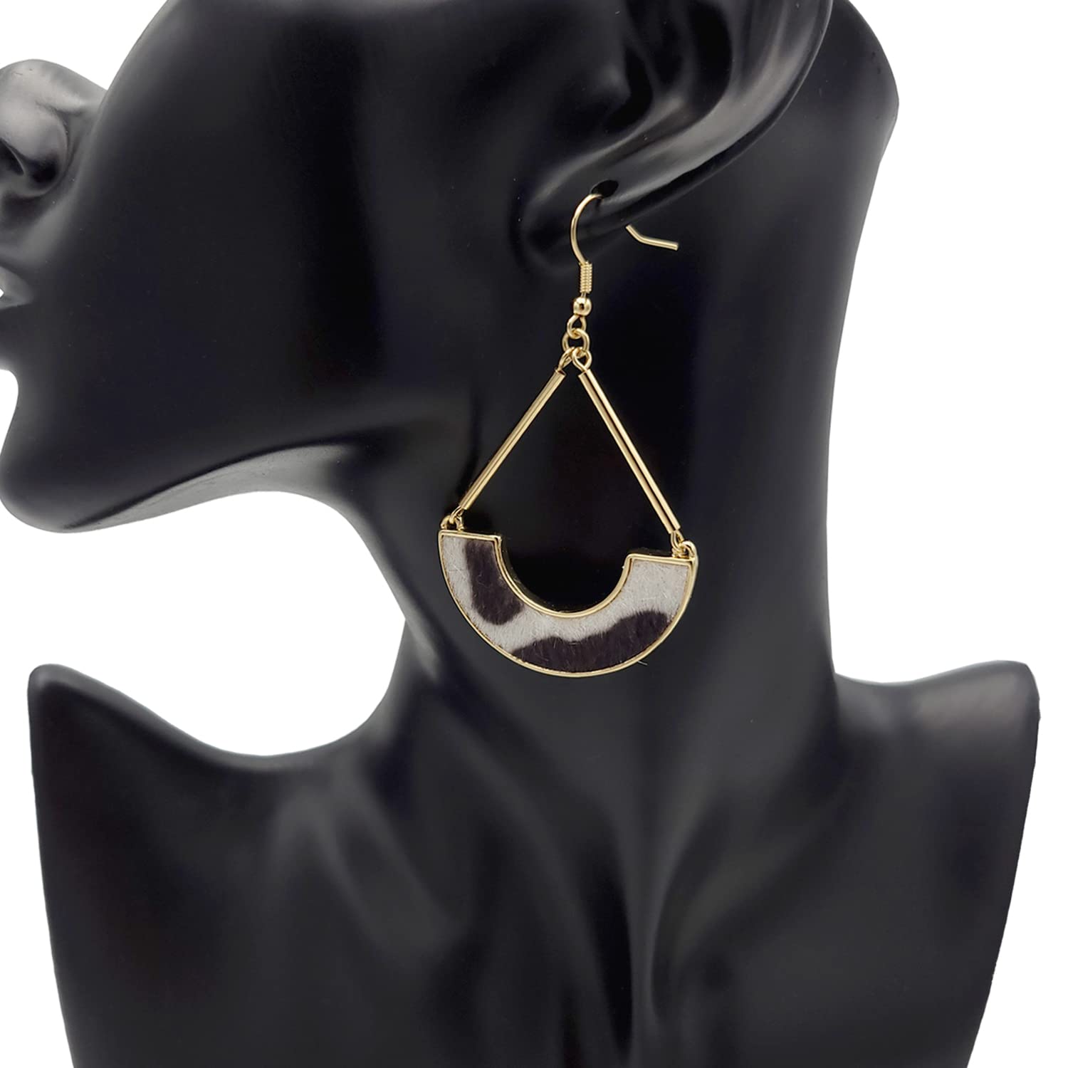 Cow Print Drop Dangle Earrings For Women Bohemian Leather Hoop Earrings Semicircle White Black Western Earring (White Black)