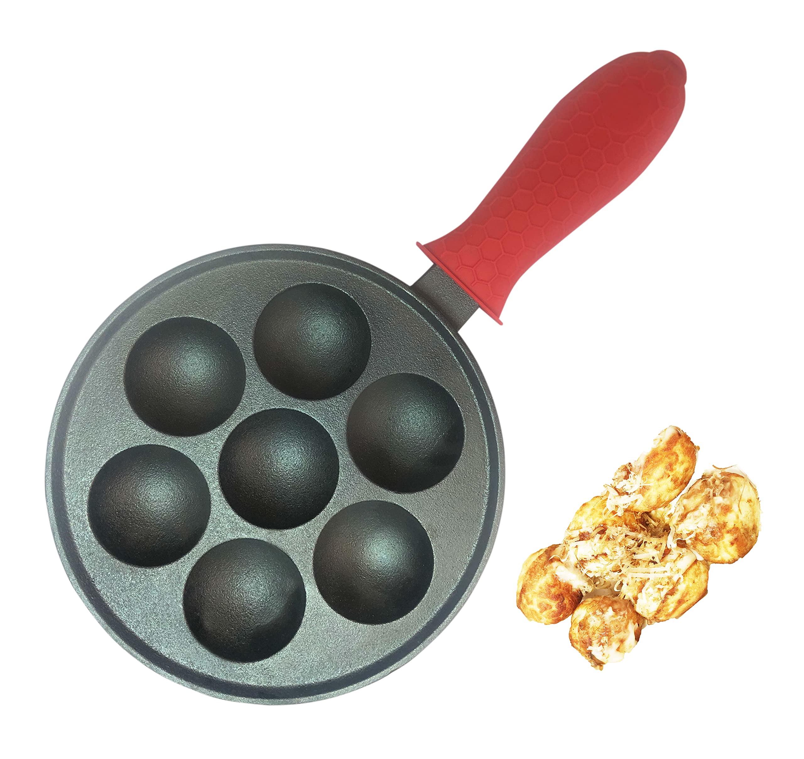 Heaunzy Japan large aperture takoyaki pan cast iron with silicone cover,Poffertjes pan,Appam pan,Masa pan,Banh khot pan,durable and non stick,heavy cast iron uncoated 1.7kg(7 Hole)
