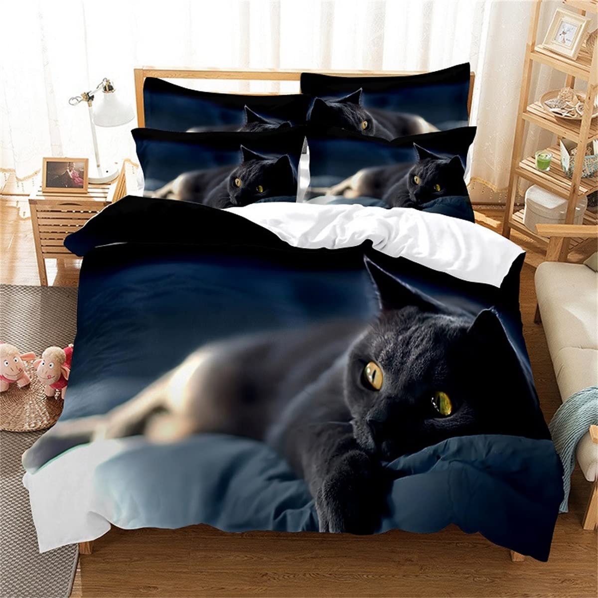 Heave 4Piece Dark Night Black Cat King Duvet Cover Set 3D Oil Animal Printed Bedding Queen Size Comforter Quilt Cover with 1 Flat Sheet and 2 Pillowcase