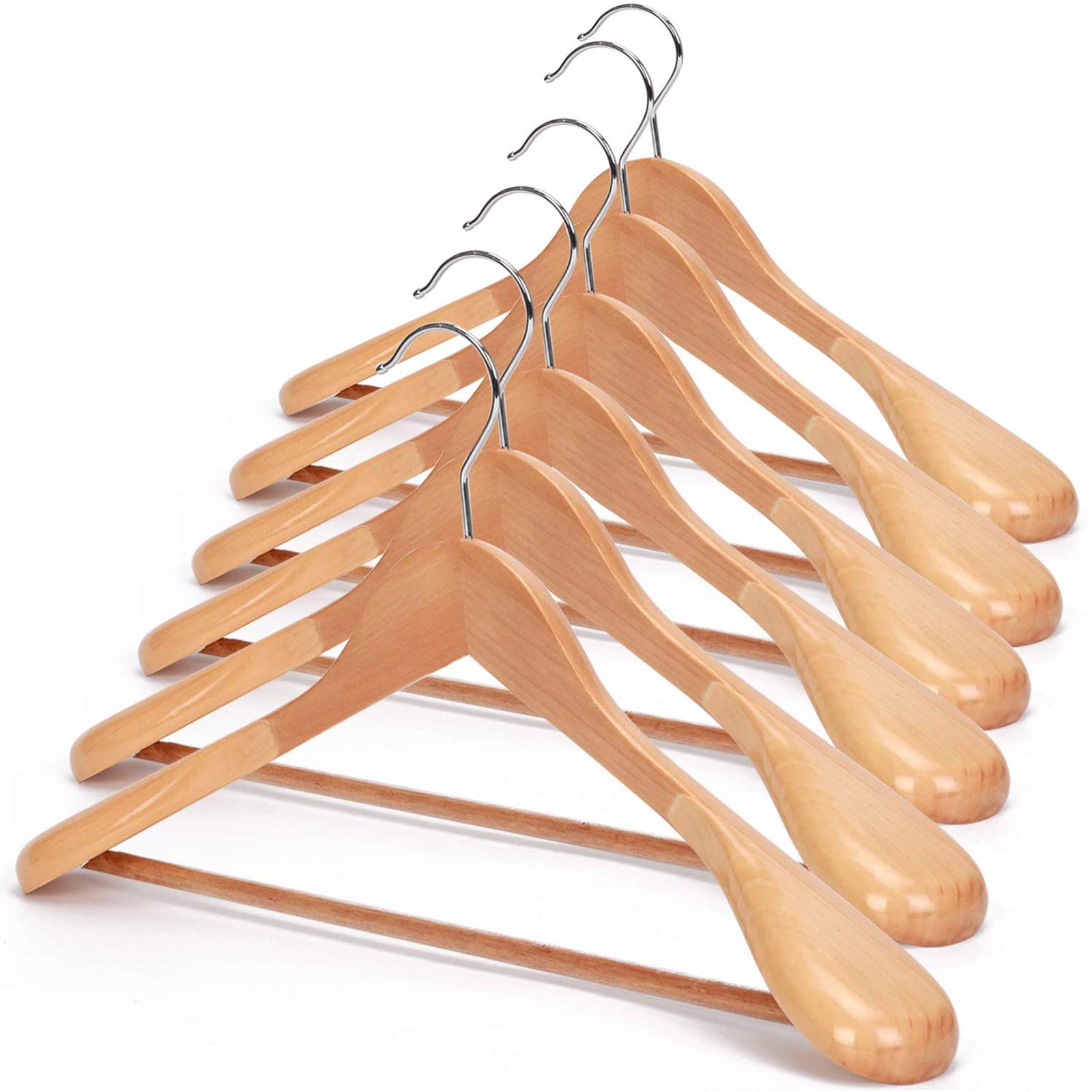 JS HANGER Wooden Suit Hangers, 6 Pack Extra-Wide Shoulder wood Coat Hangers with Non Slip Pant Bar, Extra Smooth and Splinter Free Natural Finish