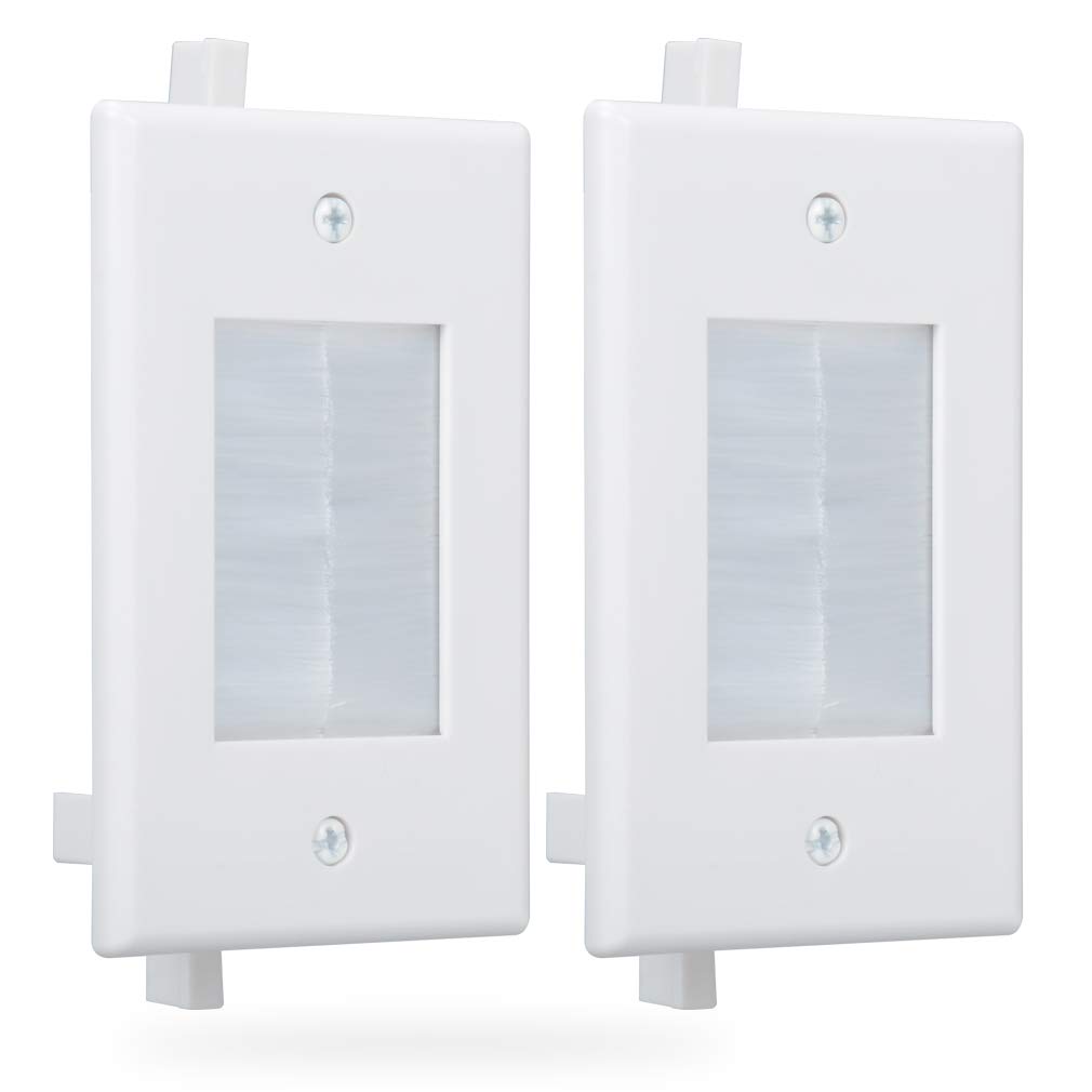 Wi4You Brush Wall Plate Built-in 1 Gang Low Voltage Mounting Bracket Large-Cut Cable Wall Plate Pass Through for Low Voltage Cables of Audio Video HDMI HDTV Home Theater White 2 Pack Cable Hider