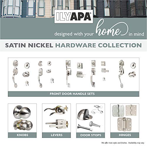 Ilyapa Front Entry Door Exterior Handleset - Classic, Satin Nickel Low Profile Door Lock Set Handle with Single Cylinder Deadbolt and Halifax Lever
