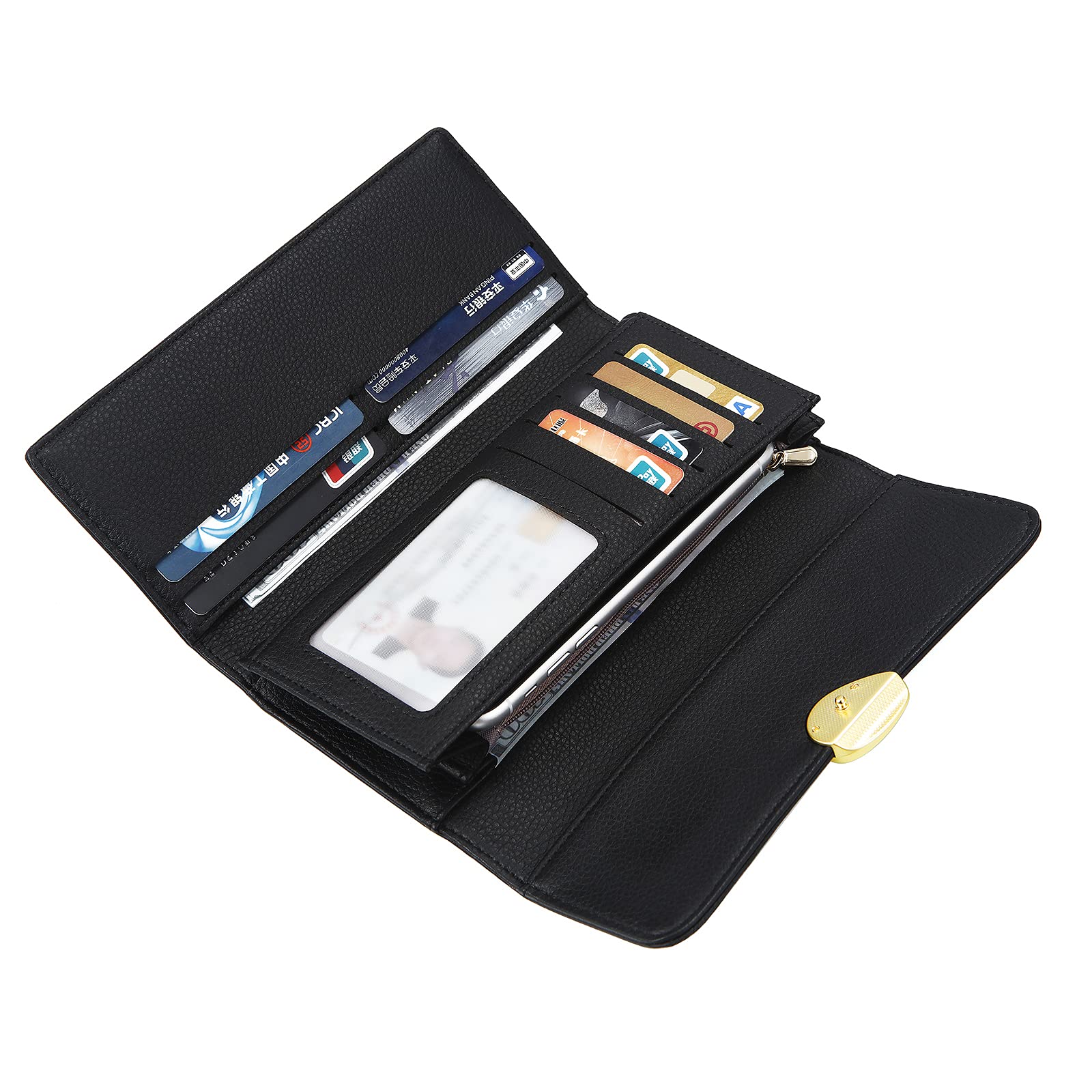 OYATON Clutch Wallets for Women, Soft Faux Leather Women Wallet with Phone Holder Zip Coin Pocket and Cute Leaf Shaped Snap Closure (Black)