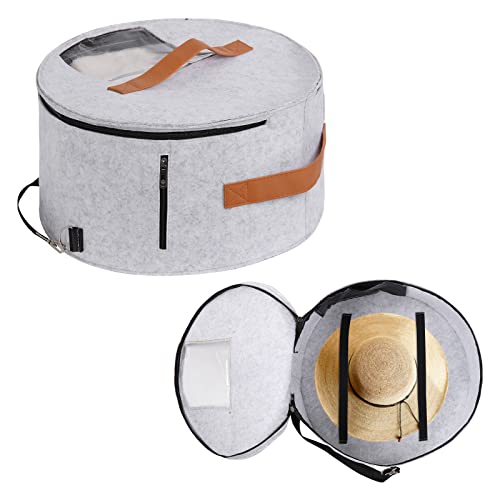 Pehciroe Round Hat Storage Box, Portable Felt Travel Hat Boxes for Women & Men with Translucent Dustproof Lid and Shoulder Strap for Various Types of Hats/Clothes & Toy Storage/Closet Organizer, Grey