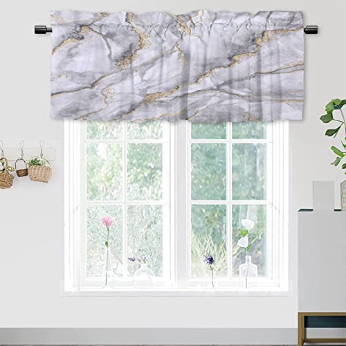 White Gold Marble Blackout Curtain Valances,Abstract Modern Art Luxury Gold Foil Geometric Design Marble Energy Efficient Rod Pocket Curtain Window Valances for Kitchen Windows 54x18in(2Pcs)