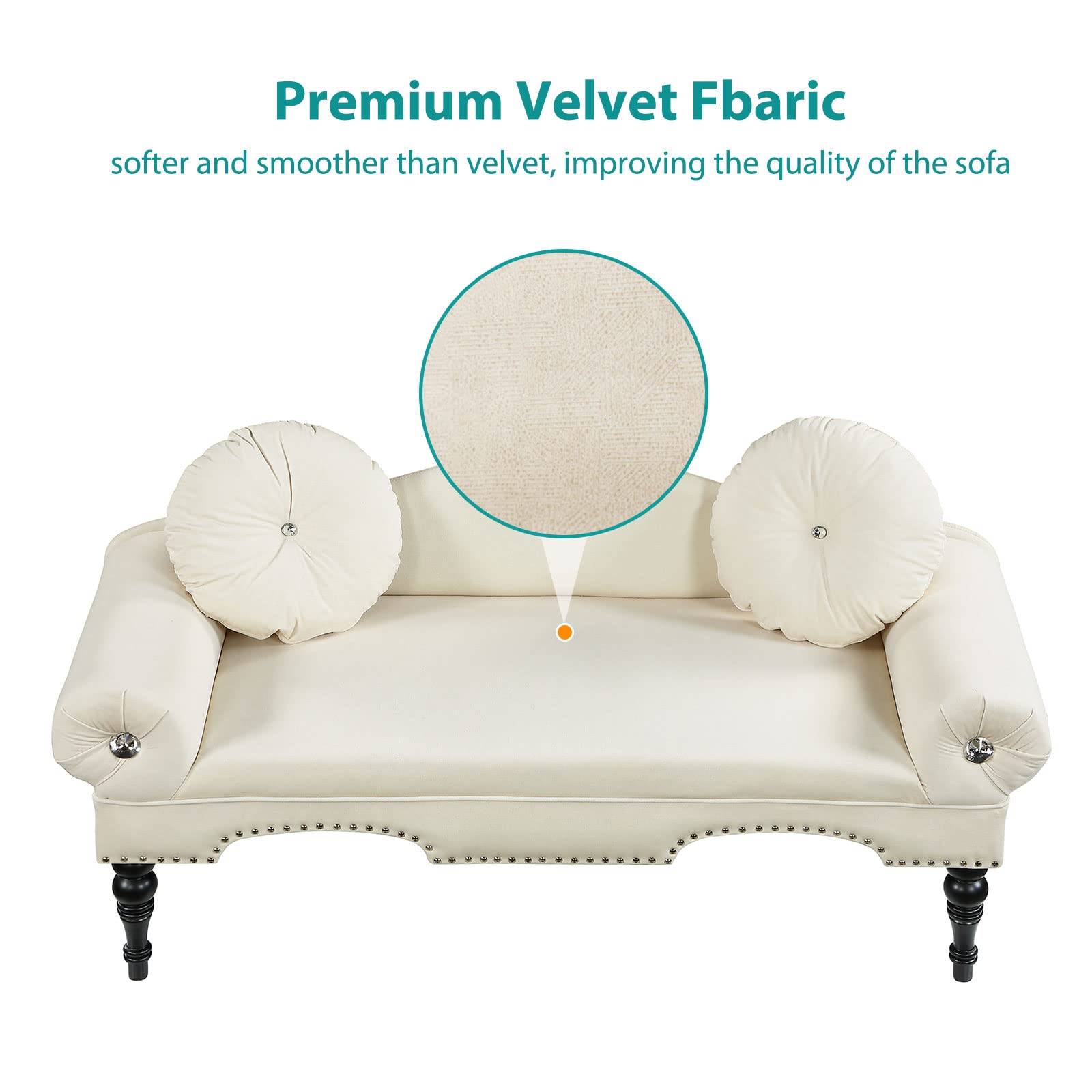 GNIXUU 54 β Velvet Small Loveseat Sofa, Mid Century Modern Love Seat Couch Settee Tufted 2 Seater Couches Bedside Entryway Bench with 2 Pillows Nailhead Trim for Bedroom, Living Room(Beige)