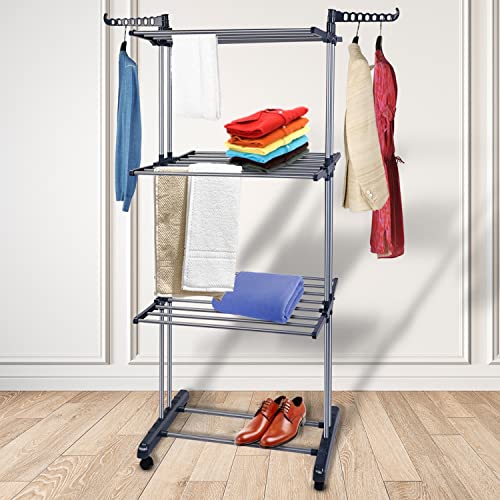 iMounTEK Clothes Drying Rack, Oversize 3-Tier Drying Rack Clothing (70" Height) Rolling Clothes Rack Laundry Drying Rack Clothing Drying Rack Garment Dryer Stand with 2 Side Wings