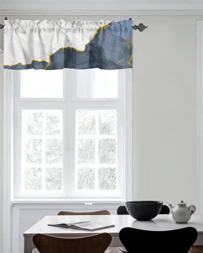 Window Curtain Valances for Kitchen Windows,Blue White Stone with Gold Stripe Rod Pocket Short Window Valance Modern Abstract Marble Agate Cafe Treatment Valance for Living Room/Bedroom,42x12in