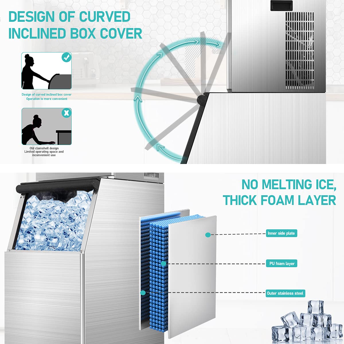 Commercial Ice Maker, SodaPer 110V Automatic Ice Making Machine Stainless Steel 472 lbs/24H, Storage Capacity 350 lbs, Freestanding Ice Maker Machine for Office/Restaurant/Bar/Coffee