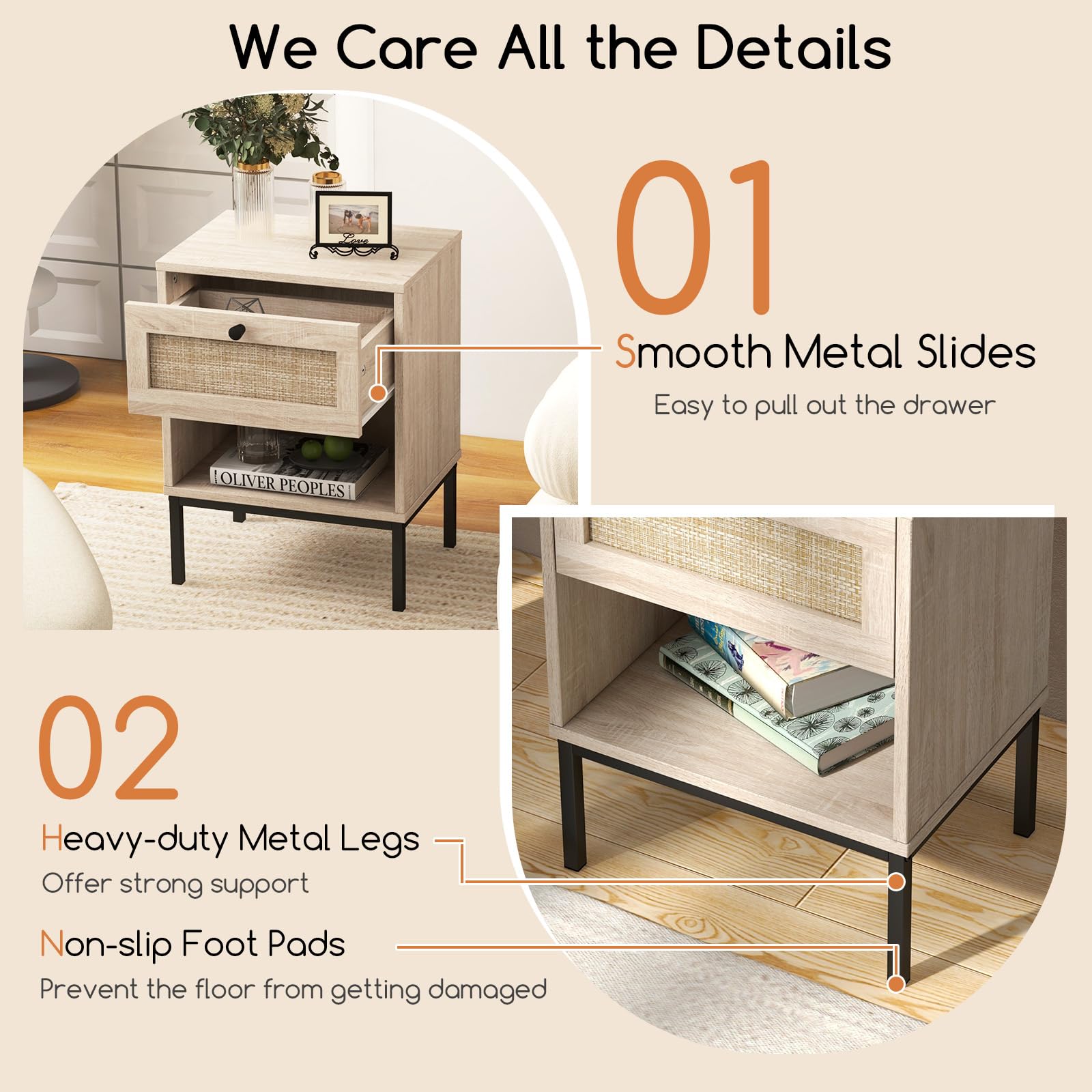 GOFLAME Rattan Nightstand Set of 2, Boho Bedside Table with Drawer & Open Shelf, Wooden End Table with Metal Legs, Farmhouse Sofa Side Table for Bedroom and Small Spaces, Oak