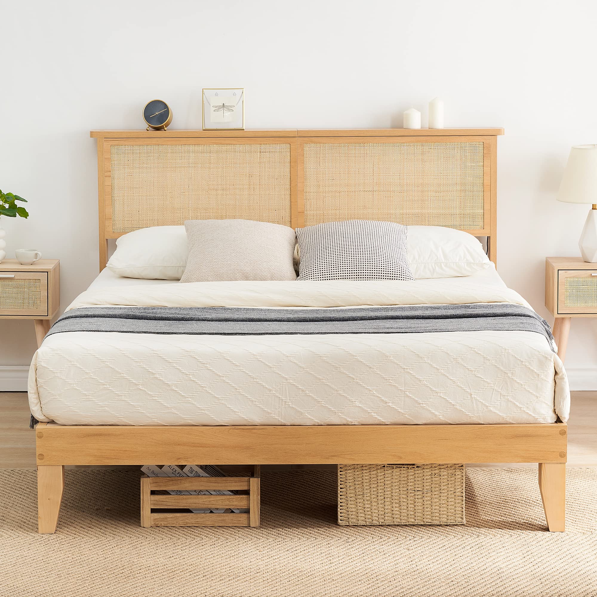 IDEALHOUSE Queen Bed Frame with Natural Rattan Headboard, Platform Bed Frame Queen Size with Storage Headboard, Mattress Foundation, Noise-Free, No Box Spring Needed