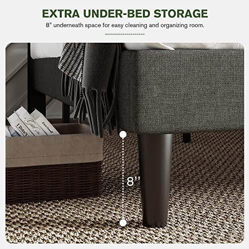 IMUsee Full Size Bed Frame, Upholstered Bed Frame with Geometric Headboard, Heavy Duty Mattress Foundation with Wooden Slats, Easy Assembly, Dark Grey