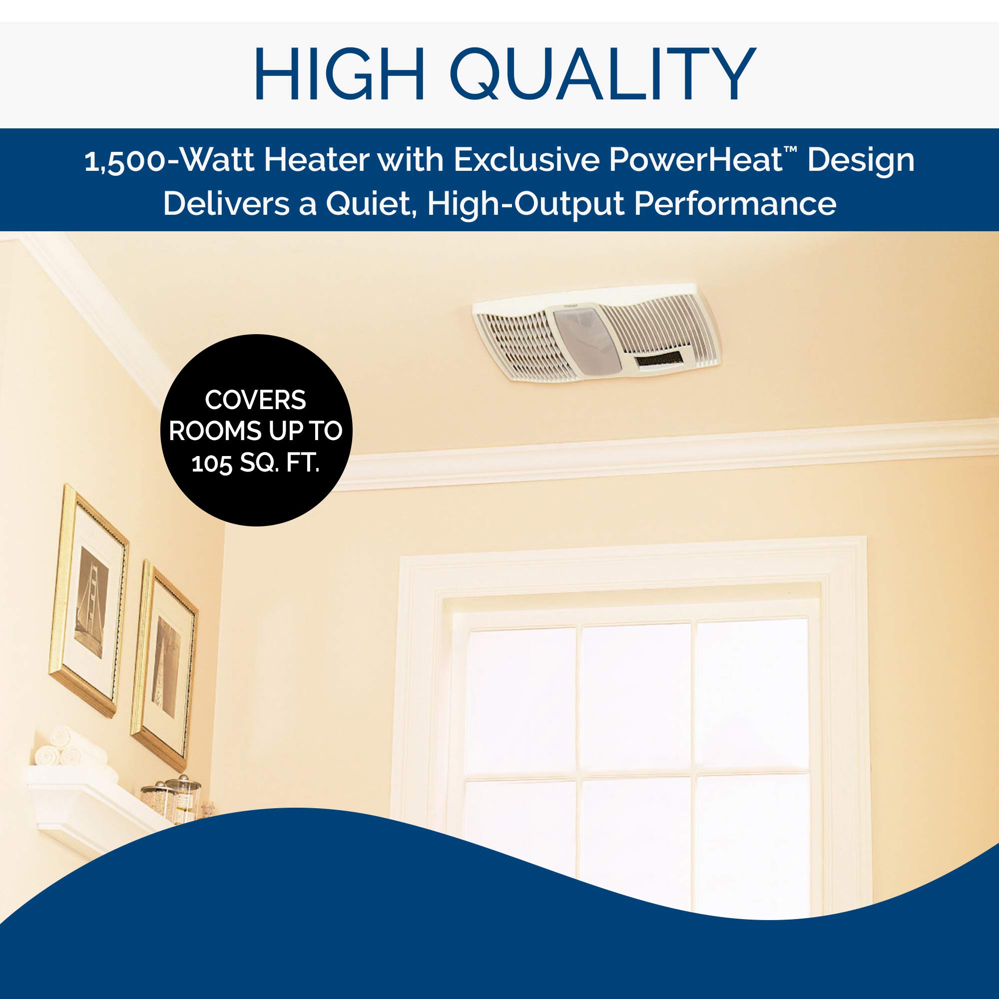 Broan-NuTone QTX110HL Very Quiet Ceiling Heater, Fan, and Light Combo for Bathroom and Home, 0.9 Sones, 1500-Watt Heater, 60-Watt Incandescent Light, 110 CFM,White, 6" round