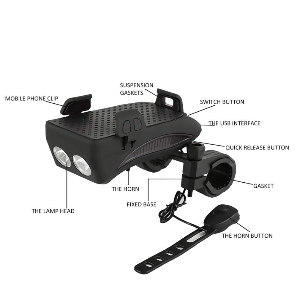 Bicycle Headlight Bike Lights USB Rechargeable 4 in 1 Multifunction Bicycle Headlight with Mobile Phone Stand 4000 MAH Power Bank 130 dB Speaker 400 Lumen IPX65 Waterproof Bike Headlight