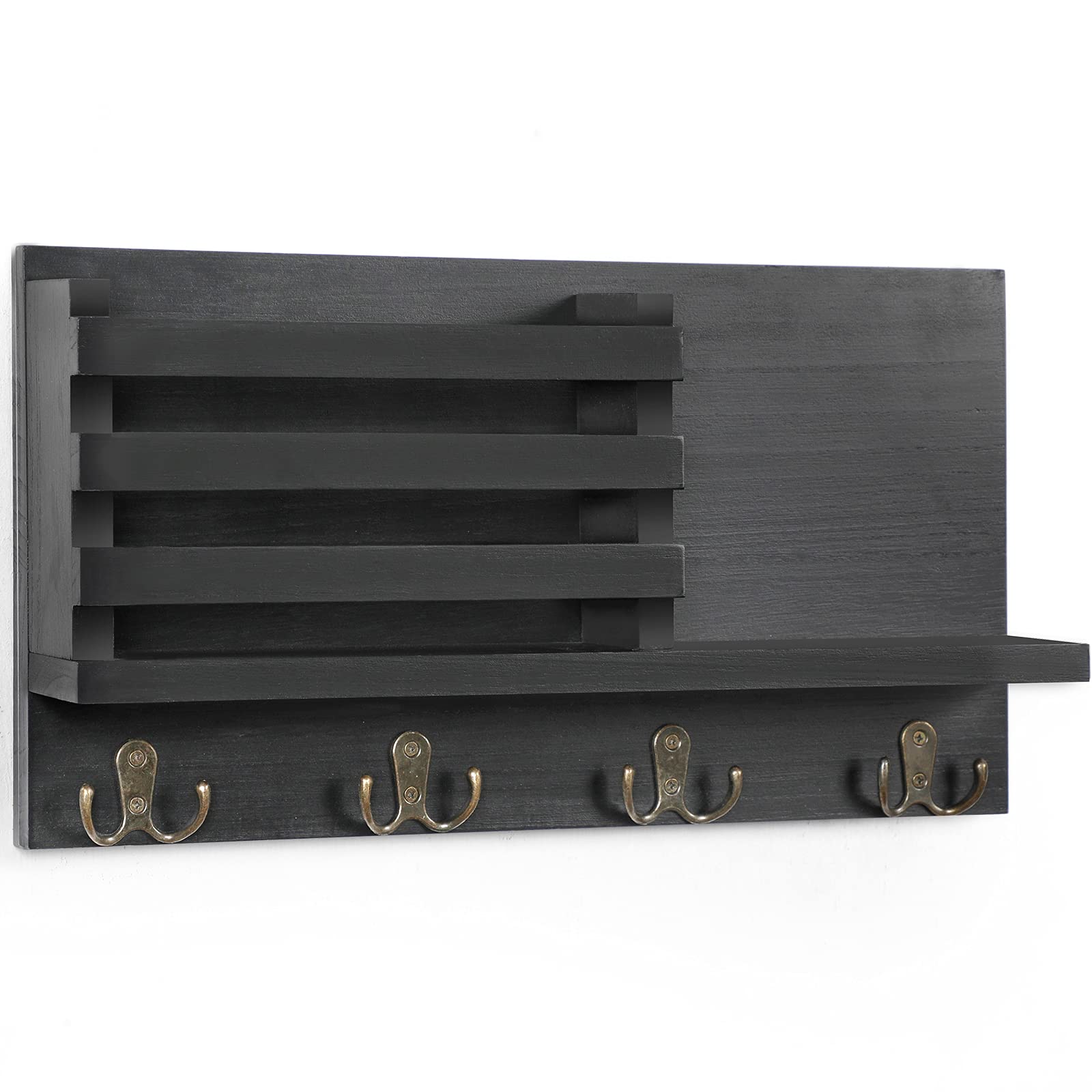 Lwenki Key & Mail Holder for Wall - Rustic Natural Paulownia Wood, 4 Double-Hook Hangers - Wall Mounted Organizer for Decor, Bags, Accessories - Hardware & Manual Included (Black)