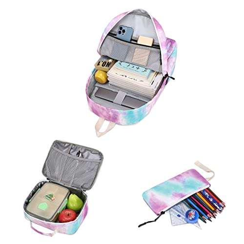 Imyth 3Pcs colorful Backpack sets for Teen Girls, Cute Bookbag School Daypacks for Elementary Middle Students (Tie dye-Purple)