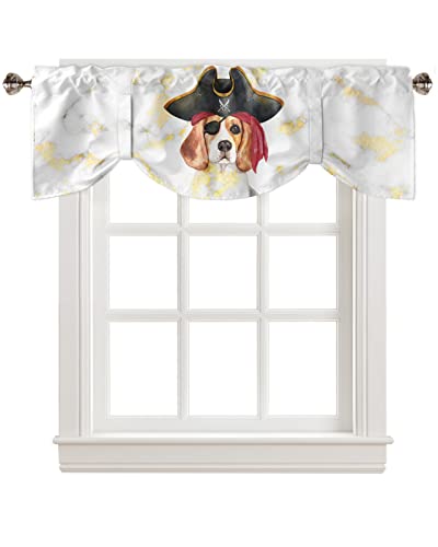 Tie Up Valance for Kitchen Windows,Abstract Geometric Pirate Dog White Gold Marble Adjustable Valances Rod Pocket Short Curtain,Cartoon Animal Tie Up Curtains Valance for Bedroom Bathroom 42x18in