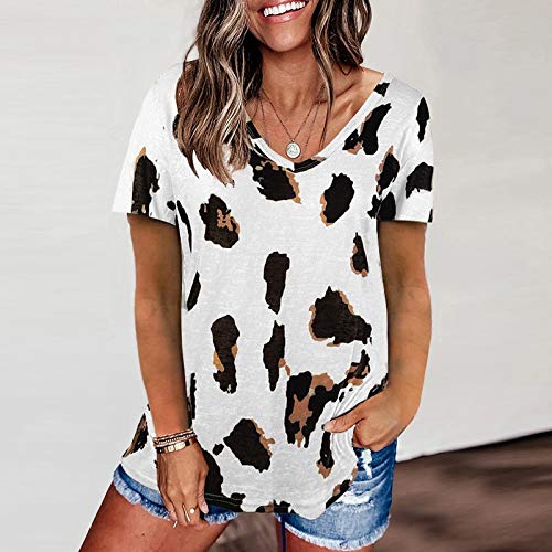 Padaleks Women's Summer Short Sleeve Tunic Tops V Neck Casual Tshirt Leopard Print Comfy Loose Fit Blouse Shirts