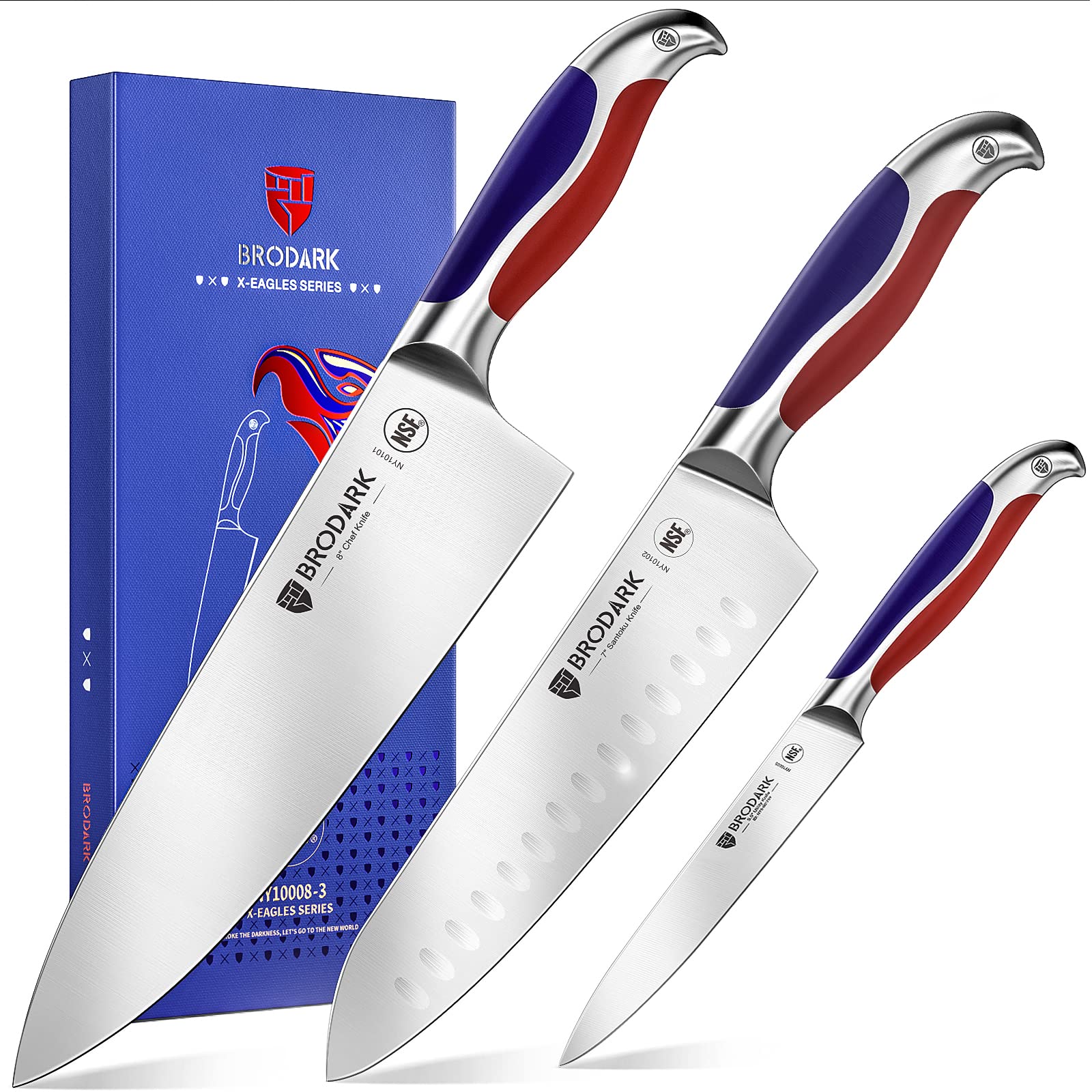 BRODARK Chef Knife, NSF Certified Kitchen Knife Set 3pcs, Aerospace Grade 4Cr9Si2 Stainless Steel Knife Set, Full-Tang Structure Knife with Gift Box, X-Eagles Series Red&Blue