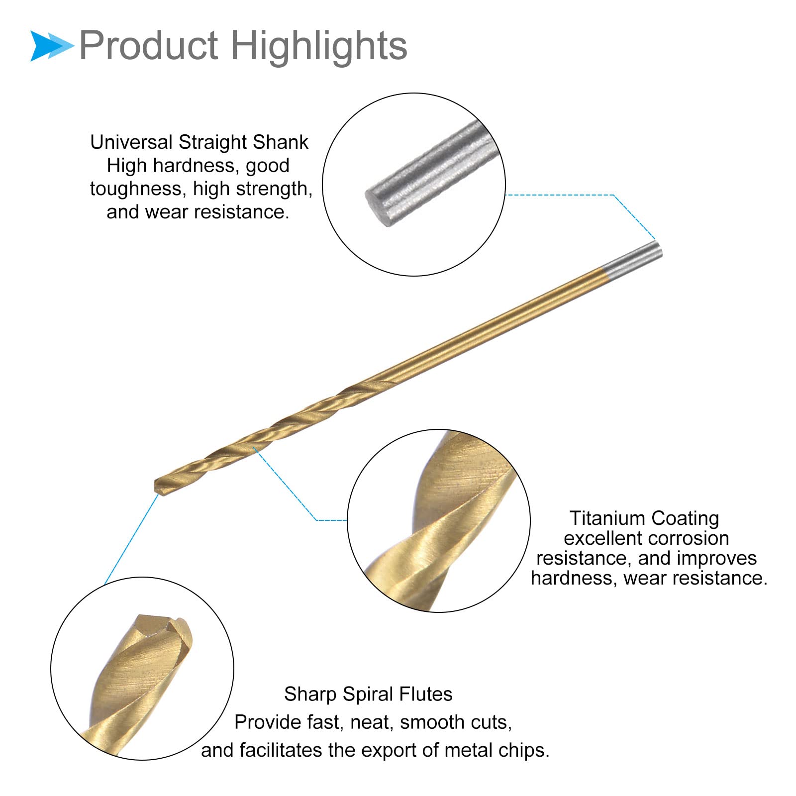 CoCud Twist Drill Bits, 1.6mm Drilling Diameter, Titanium Coated High Speed Steel 6542 Straight Round Shank - (Applications: for Stainless Steel Alloy Metal), 12-Pieces
