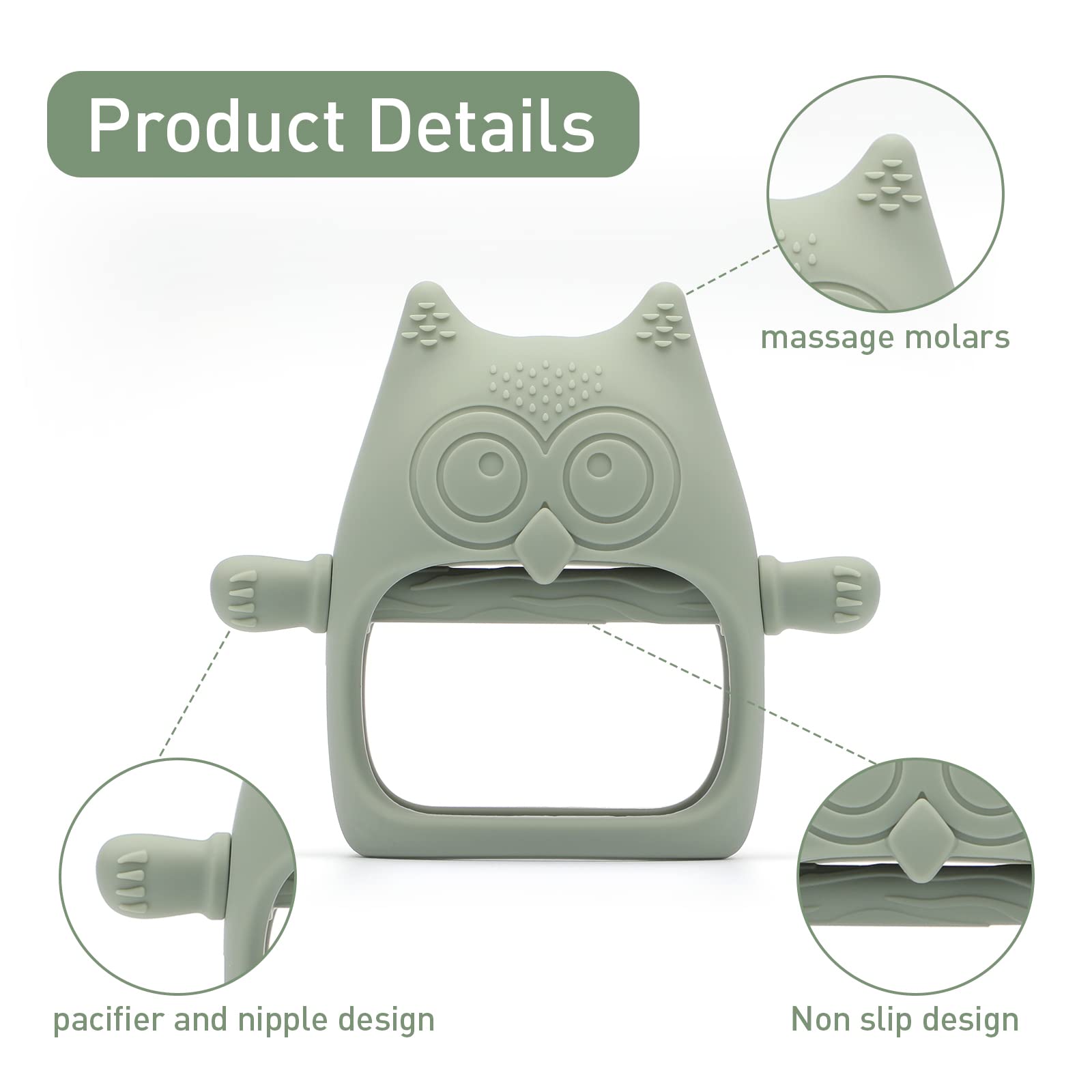 Drop Resistant Silicone Baby Teether Toy for 3+ Month Infants, Baby Chew Toy for Sucking Needs, Hand Pacifier for Breast Feeding Babies, BPA Free (Sage)