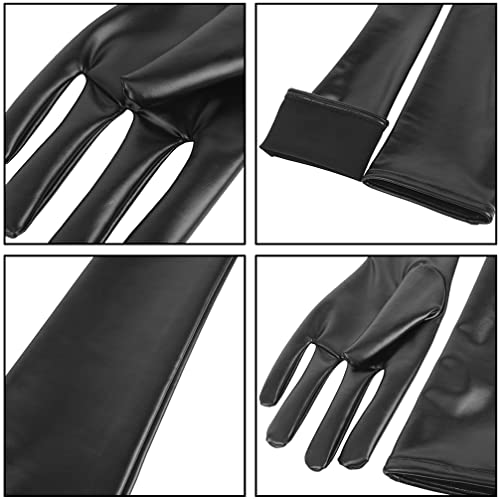 Luwint Women Long Leather Gloves, Black Wet Look Latex Gloves for Costume Dress Opera Party
