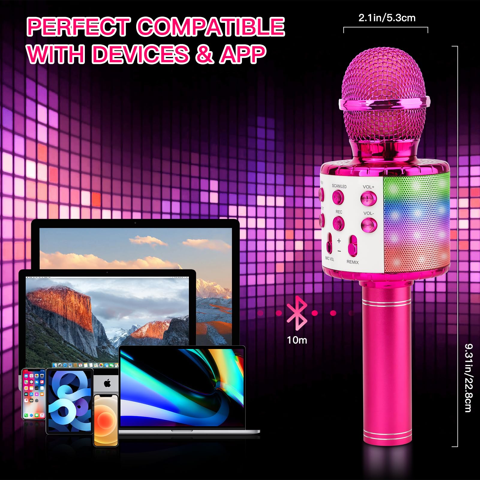 ShinePick Karaoke Microphone, 4 in 1 Wireless Microphone with LED Lights Handheld Portable Karaoke Machine, Home KTV Player, Compatible with Android & iOS Devices(Purple)
