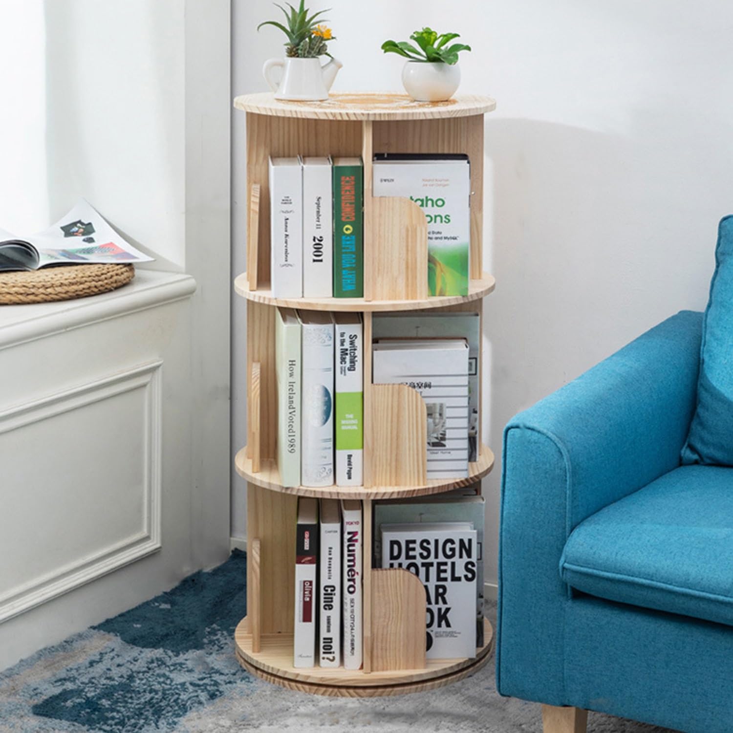 Heehee Rotating Bookshelf 360 Display Floor Standing Bookcase Storage Rack for Kids&Adults Multi-Functional Bookshelf Organizer (3-Tier)