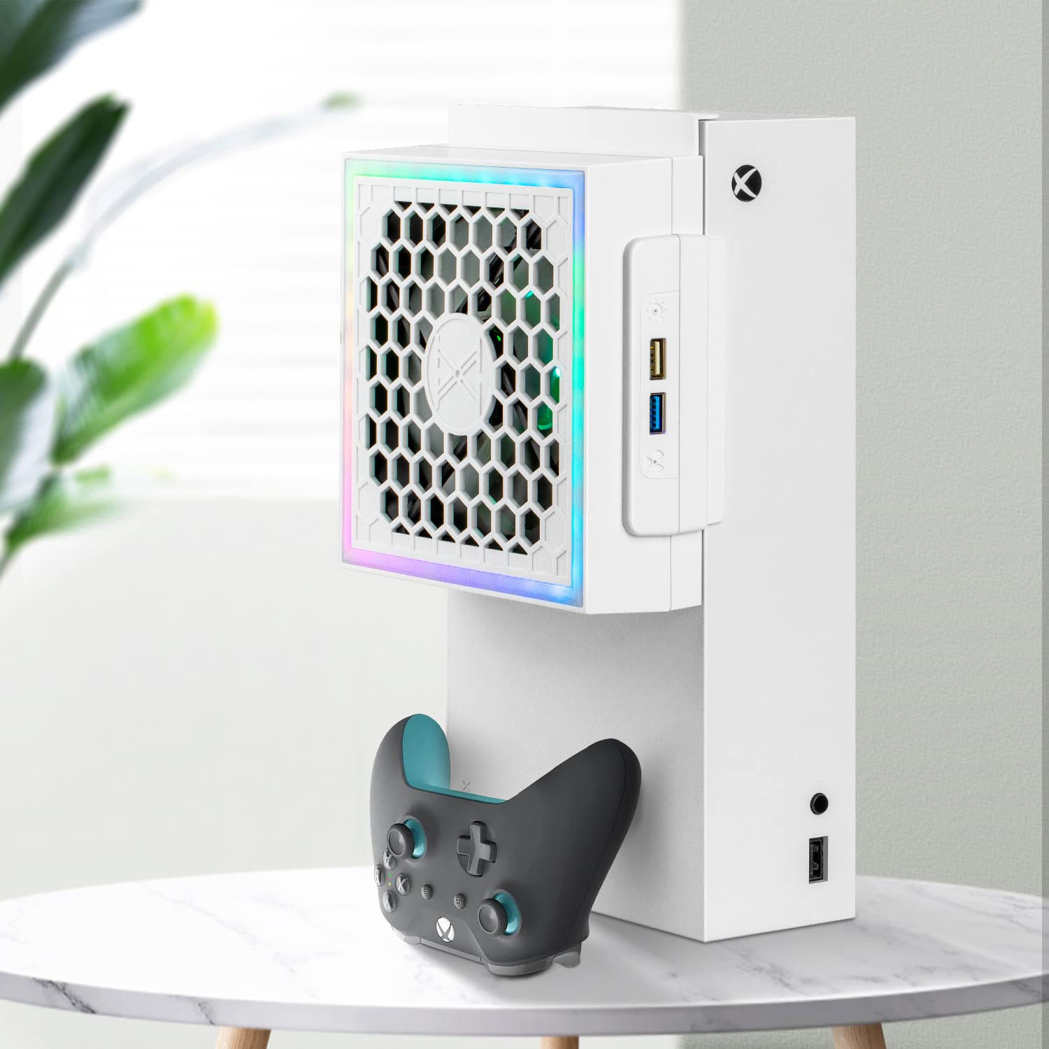 Cooling Fan for Xbox Series S, MVIIOE for Xbox Series S Stand with RGB Light, A Turbo Cooling Fan with 3 Adjustable Speeds, 2 USB Ports