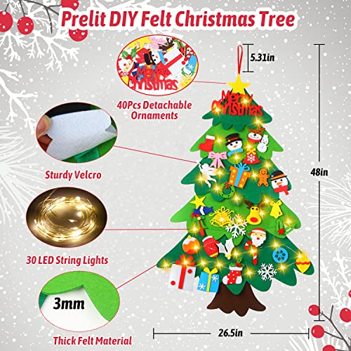 KIMOBER Lighted Felt Christmas Tree,Prelit DIY Christmas Tree with 40Pcs Detachable Ornaments Wall Hanging Decor for Xmas Party