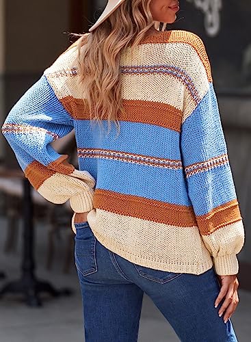 EVALESS Womens Long Sleeve V Neck Knit Striped Fall Winter Sweaters Pullover 2023 Oversized Chunky Color Block Casual Loose Cropped Tops,Orange M