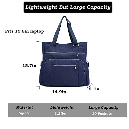 Nawoshow Women Canvas Tote Bag Waterproof Nylon Multi Pocket Shoulder Bags Work Bag Teacher Purse and Handbags (A-Dark Blue)