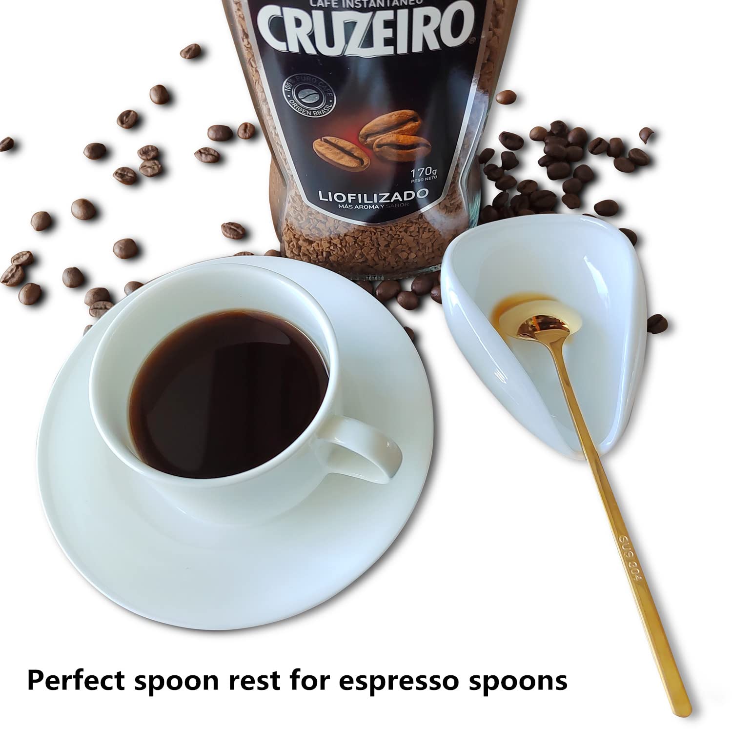 Coffee Spoon Rest and Spoon, Ceramic Coffee Spoon Holder, Small Spoon Rest for Coffee Stirrers, Teaspoon, Bar Spoon, Coffee Bar Accessories, Coffee Station Décor (Gold spoon+Spoon rest)