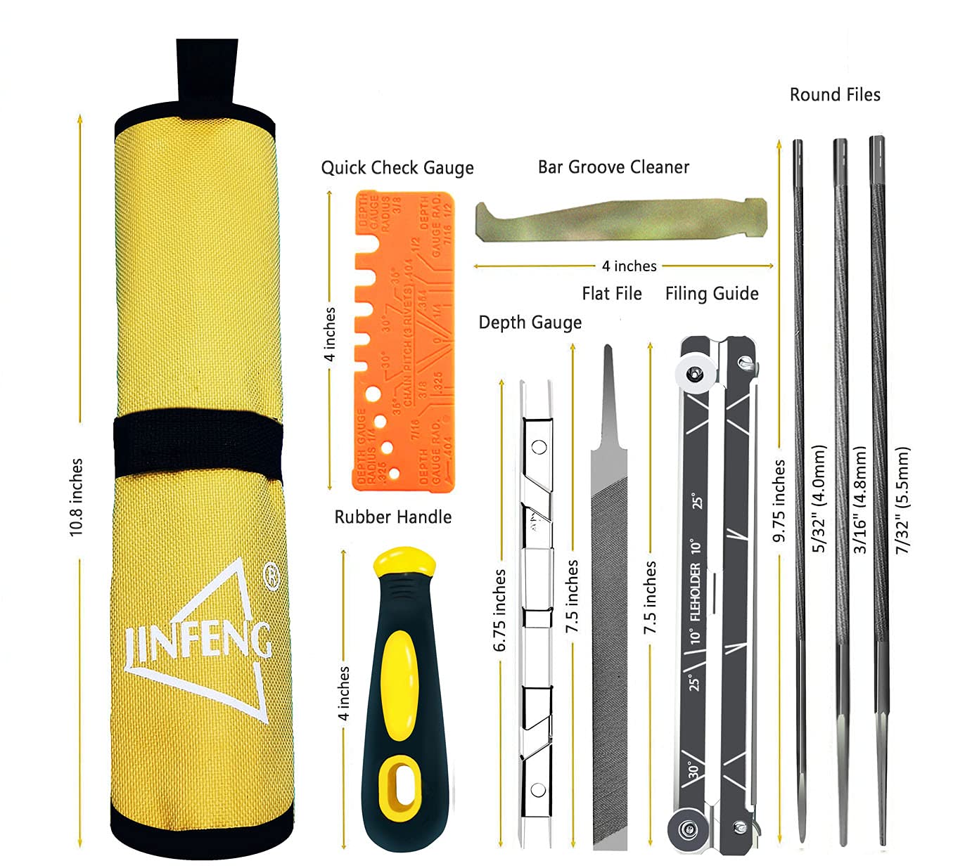 Chainsaw Sharpener File Kit (Flat File,5/32,3/16,7/32 Round Chainsaw Files,Depth Gauge,File Guide,Quick Check Gauge,Cleaner,Handle,Pouch) - Sharpening All Brand Chains Blades and Teeth - 10pcs Set