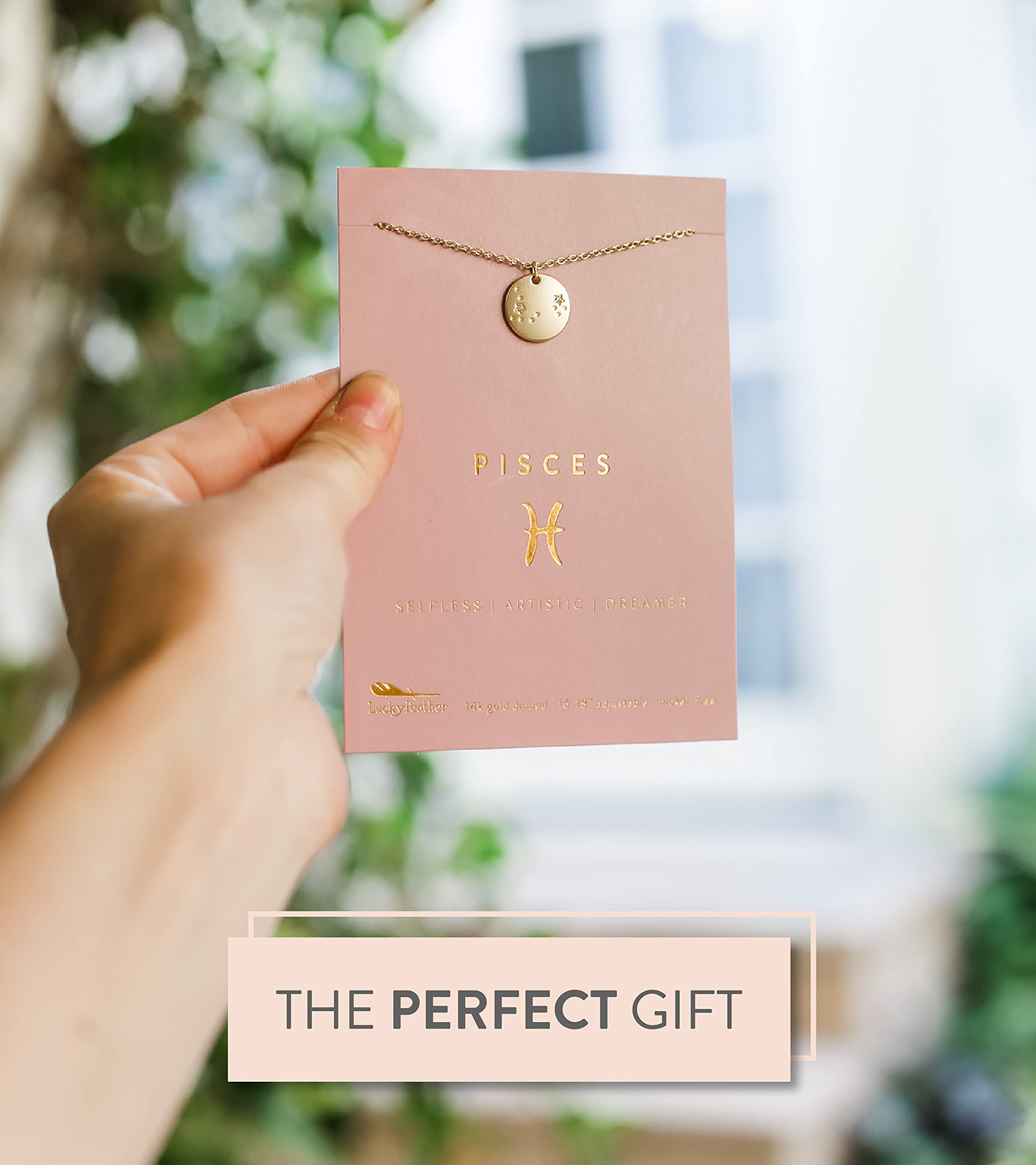 Lucky Feather Pisces Zodiac Sign Constellation Pendant Necklace for Women, 14K Gold-Dipped with Adjustable 16” – 18” Chain