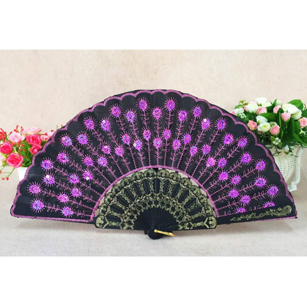 DECHOUS 2pcs Embroidered Sequin Fan Dancing Fans Hand Fans for Women Foldable Fan Sequin Fabric Hand Fan Embroidered Sequin Handheld Fan Folding Fan Vintage Miss The Fabric Purple