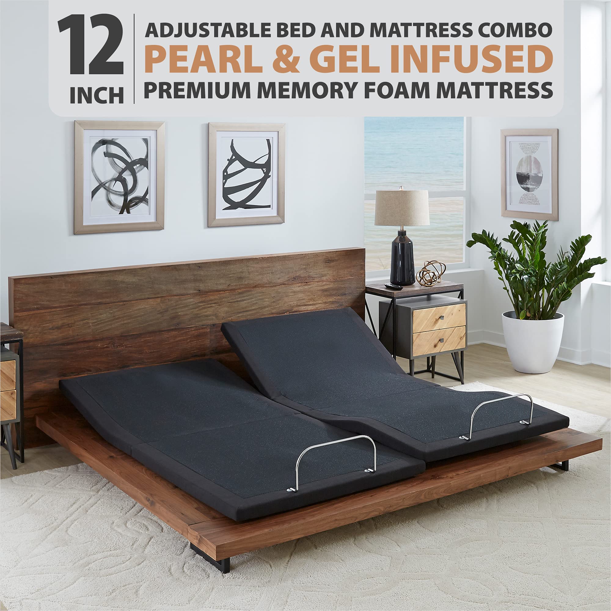 Blissful Nights Ananda 12" Pearl and Cool Gel Infused Memory Foam Mattress with Premium Adjustable Bed Frame Combo, Head Tilt, Massage, USB, Zero Gravity,Anti-Snore … (Split King)
