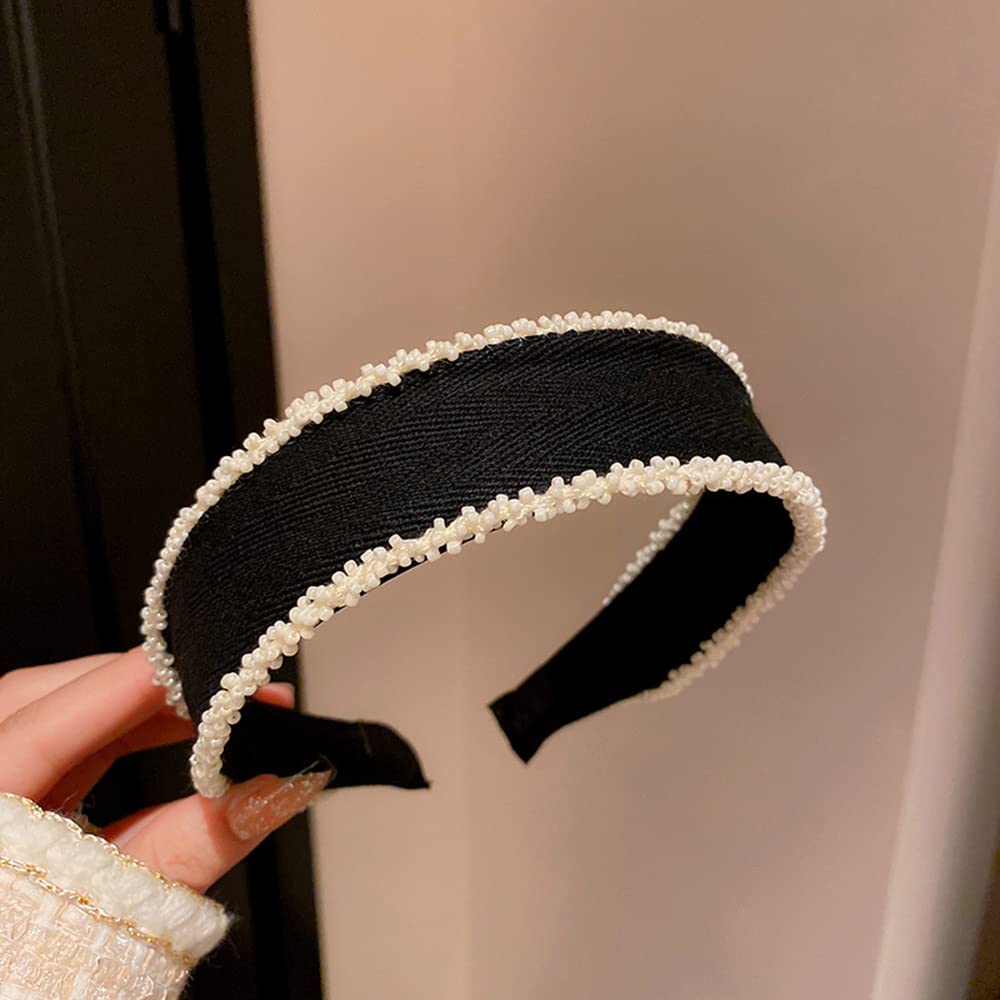 Wiwpar Wide Beaded Headband Simple Beads Headpiece Beaded Hair Hoop Elastic Hair Band Black for Women and Girls