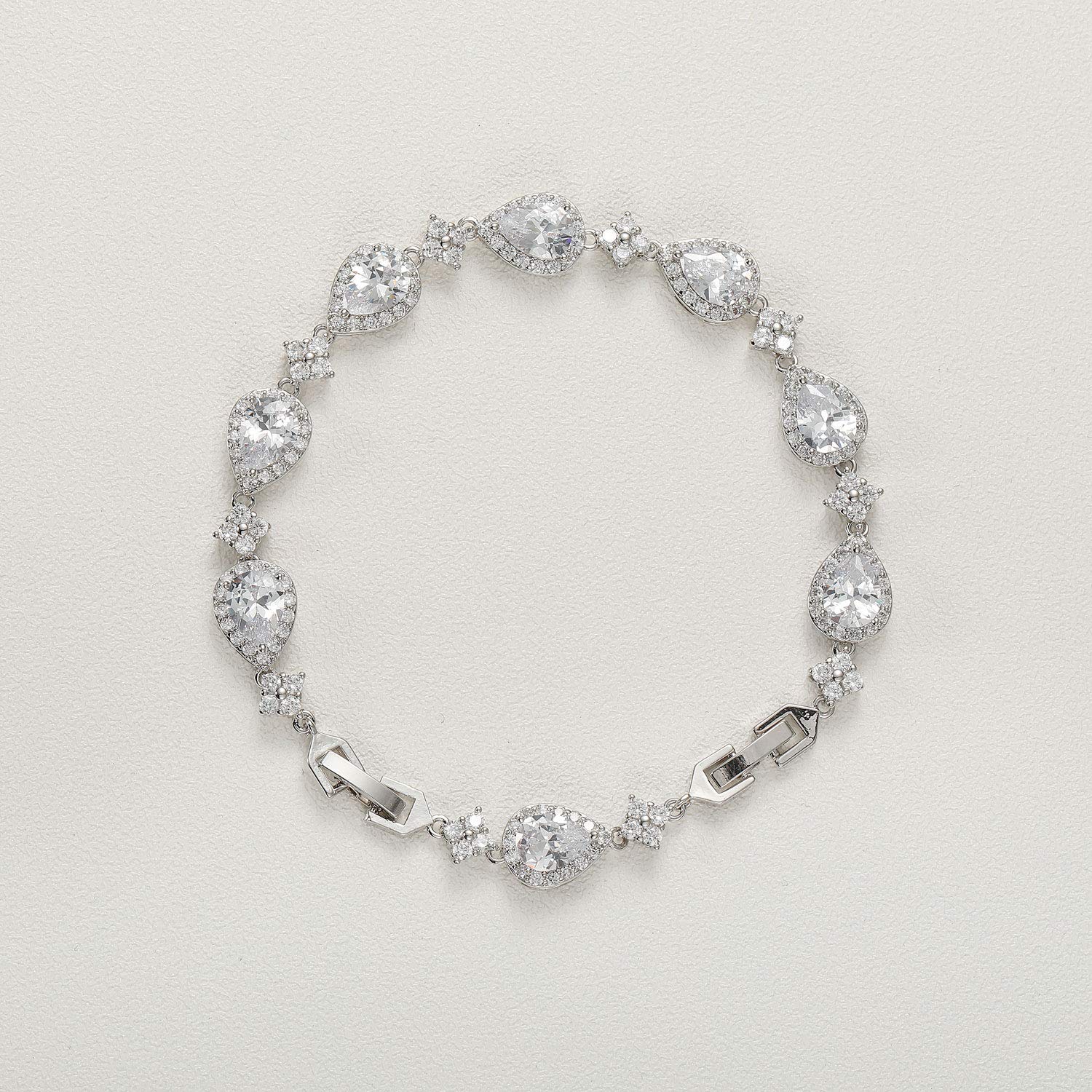 SWEETV Wedding Teardrop Bracelets for Brides Bridesmaids, Crystal Cubic Zirconia Bridal Bracelets for Women Prom, Silver