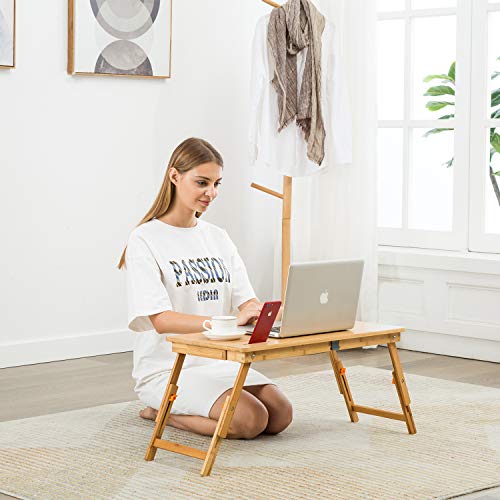 Laptop Desk Nnewvante Bamboo Laptop Table Adjustable Lap Tray Bed Serving Tray Breakfast Table Foldable Coffee Tea Table 5 Tilting Top Angles 4 Latches Large Size 27.95" x 13.8"