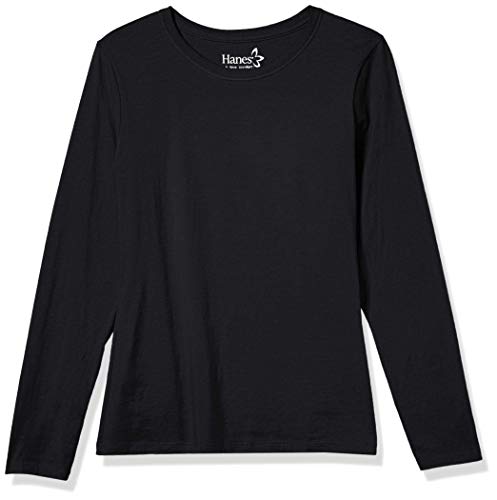 Hanes Women's Originals Long Sleeve Cotton T-Shirt, Lightweight Crewneck Tee, Modern Fit, Ebony, Small