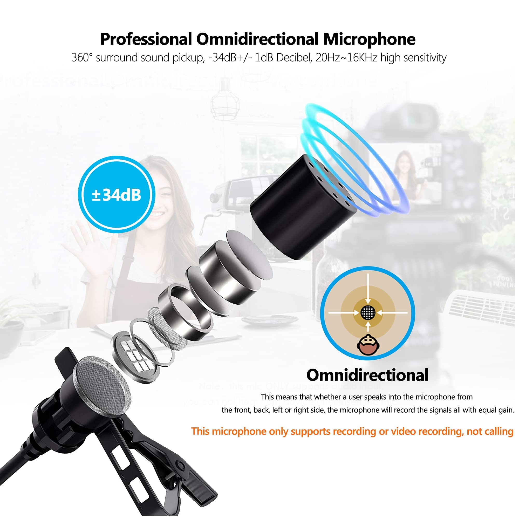 Bietrun Lapel Microphone for iPhone/Android Phone/DSLR Camera/Pad with Noise Cancelling, Omnidirectional Professional Wired Clip On Lavalier Mic for Interview, YouTube, Tiktok, Recording(19.6Ft)