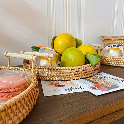 Ochine 1 Pack Wood Serving Tray Woven Serving Tray with Handles, Round Bread Serving Basket Poly-Wicker Basket Tray Decorative Rattan Fruit Tray for Serving Bread Vegetable Snack
