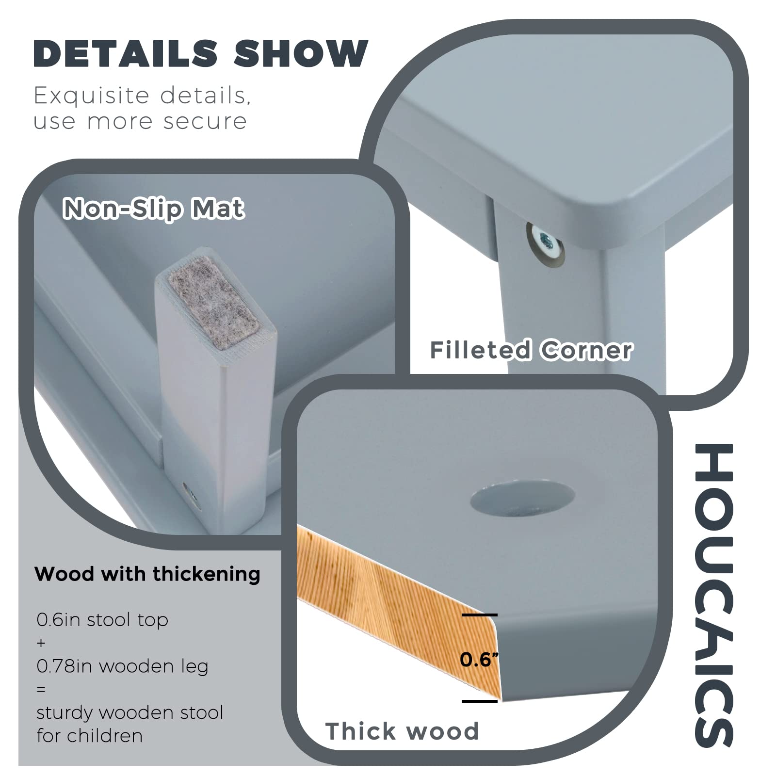 HOUCHICS Wooden Step Stool for Kids,Solid Birch for Kitchen Bedroom Living Room Bathroom Toilet Nursery Toddlers Potty Training Stool with Non-Slip Pads and 220lb Load Capacity (Gray