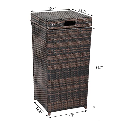 Ochine Large Rattan Trash Can with Top Cover Iron Frame, Wicker Kitchen Trash Basket Large Brown Wicker Waste Basket with Lid Wastebasket Poolside Garbage Can Outdoor Waste Bins Indoor Laundry Basket